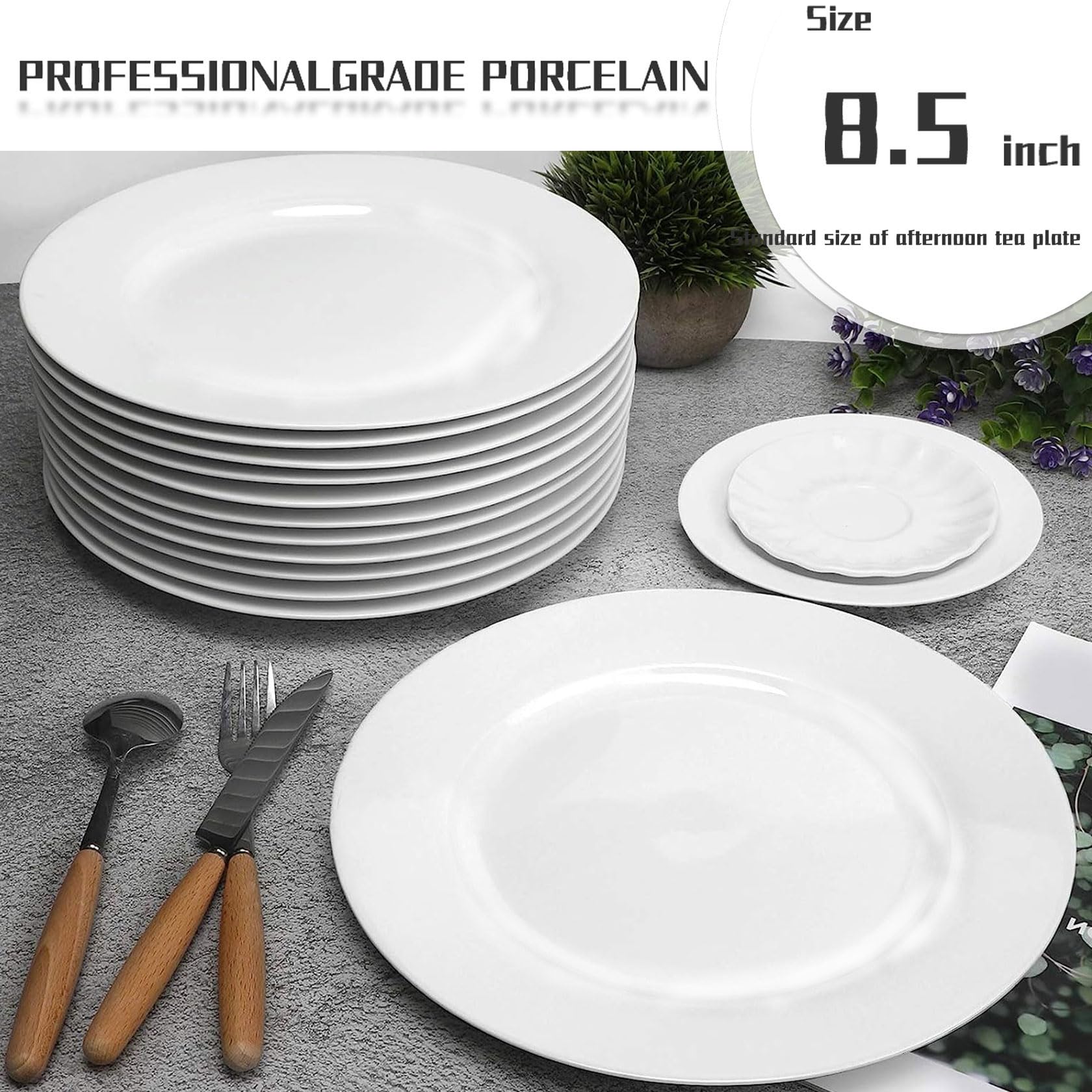 Ygmackin Amazon 8-Piece White Dinner Plates Set, Triple Layer Glass and Chip Resistant, Lightweight Round Plates,Dessert Plate, Dinnerware Set, Winter Frost White, 8.5 inches