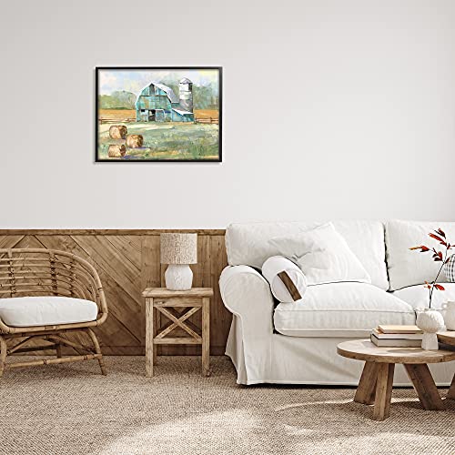 Stupell Industries Contemporary Blue Farm Barn Hay Bails Empty Field, Designed by Sally Swatland Black Framed Wall Art, 30 x 24, Green