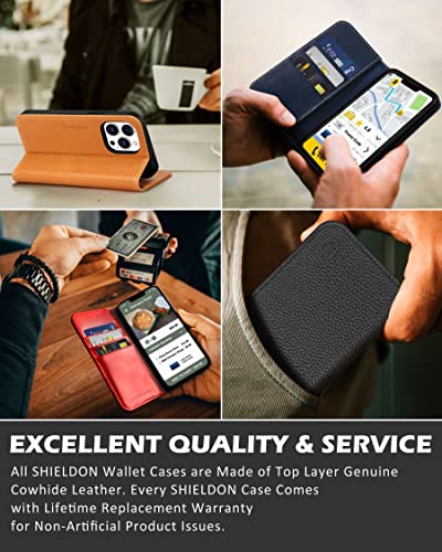 SHIELDON Case for iPhone 13 Pro Max 5G, Genuine Leather Wallet Case Magnetic Folio Shockproof Cover Kickstand RFID Credit Card Holder Compatible with iPhone 13 Pro Max 5G (6.7" 2021 Release) - Black