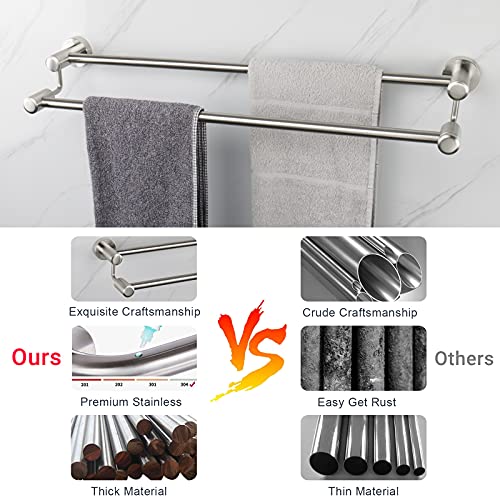 TocTen Double Bath Towel Bar - Thicken SUS304 Stainless Steel Towel Rack for Bathroom, Bathroom Accessories Double Towel Rod Heavy Duty Wall Mounted Towel Holder (Brushed,24IN)