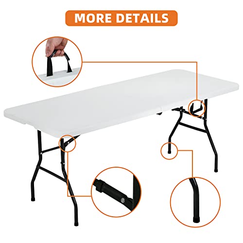 HKLGorg Folding Table 6 Ft Heavy Duty Fold Up Table Camping Working Table Indoor Outdoor Plastic Folding Table Utility Party Dining Table Easy to Assemble with Lock Function White