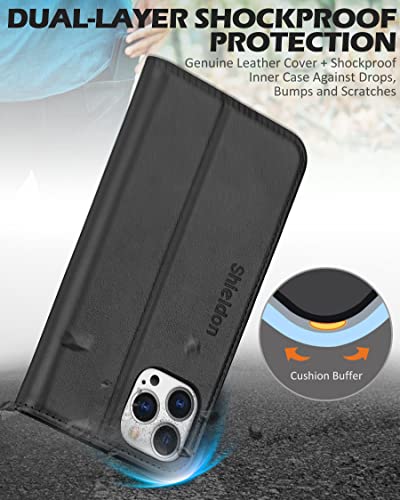 SHIELDON Case for iPhone 13 Pro Max 5G, Genuine Leather Wallet Case Magnetic Folio Shockproof Cover Kickstand RFID Credit Card Holder Compatible with iPhone 13 Pro Max 5G (6.7" 2021 Release) - Black