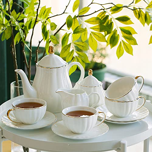 BTaT - Classic tea set, 13 pcs, Tea Cups (7oz), Tea Pot (32oz), Creamer and Sugar Set, Porcelain Tea Set, White Tea Set, Tea Pot Sets with Cups, Coffee Serving Set, Mother's Day Gift