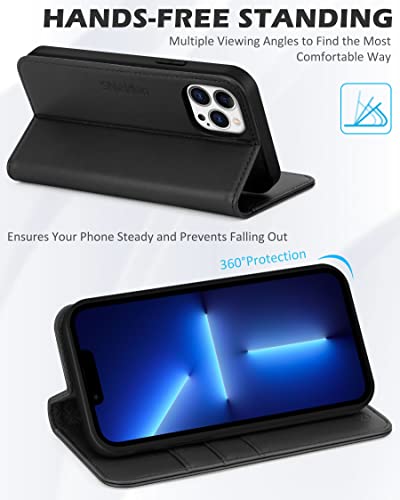 SHIELDON Case for iPhone 13 Pro Max 5G, Genuine Leather Wallet Case Magnetic Folio Shockproof Cover Kickstand RFID Credit Card Holder Compatible with iPhone 13 Pro Max 5G (6.7" 2021 Release) - Black