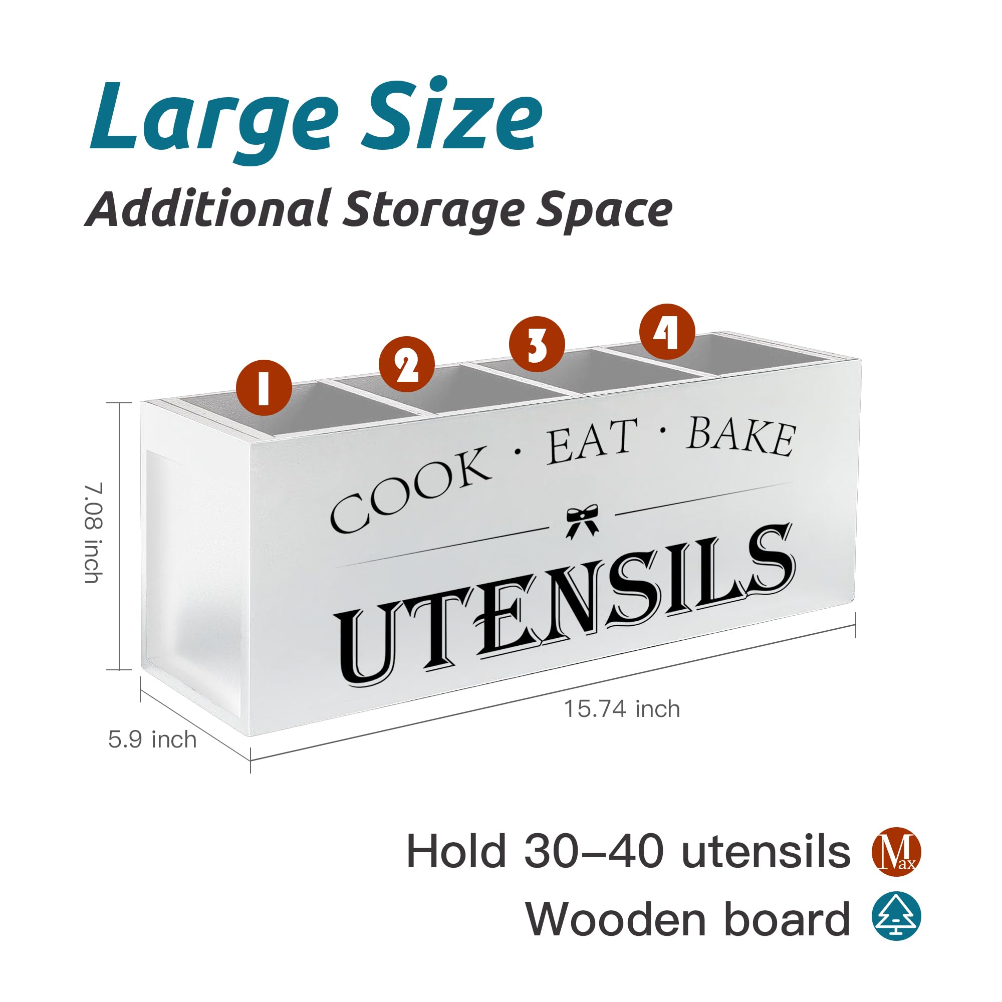 Suli Extra Large Kitchen Utensils Holder with 4 Compartments, Wooden Utensil Organizer for Kitchen Countertop, Farmhouse Kitchen Decor, Rustic Cooking Utensil - White