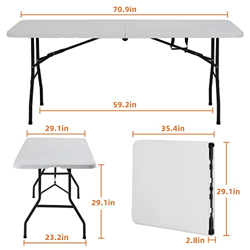 HKLGorg Folding Table 6 Ft Heavy Duty Fold Up Table Camping Working Table Indoor Outdoor Plastic Folding Table Utility Party Dining Table Easy to Assemble with Lock Function White