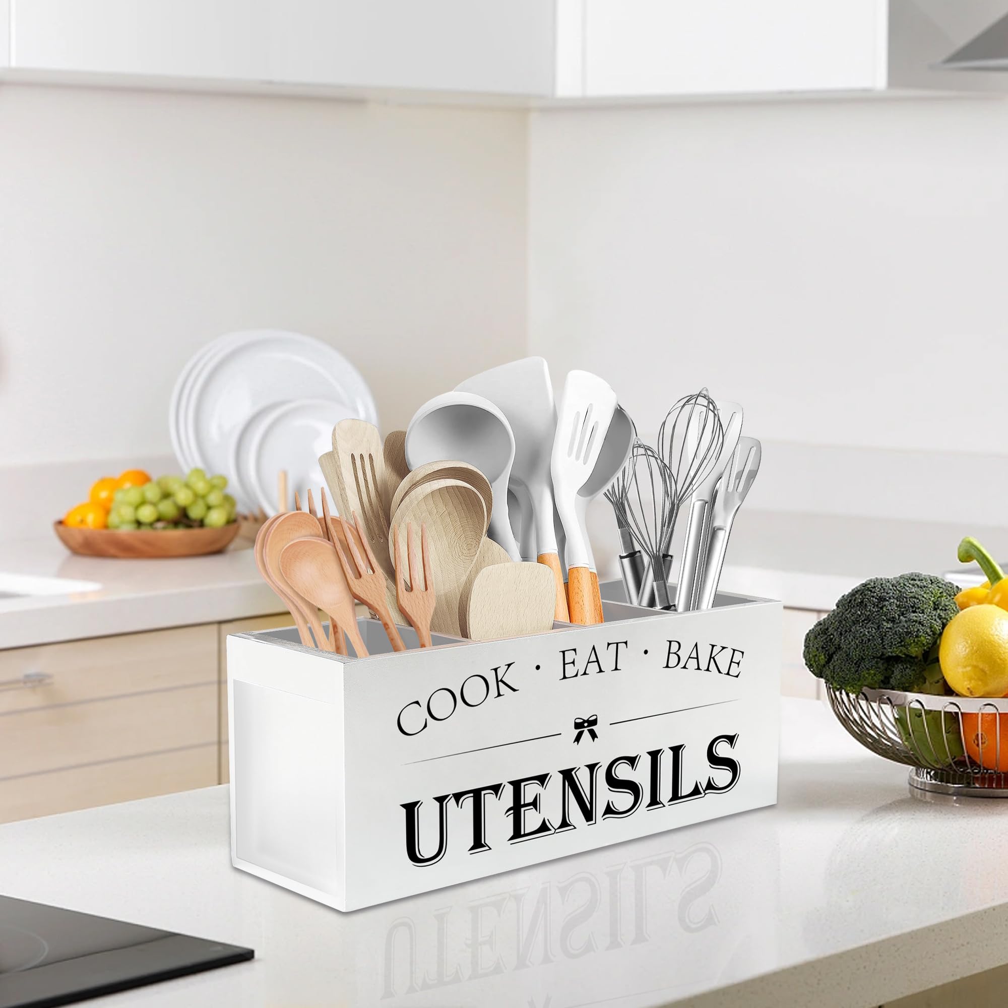 Suli Extra Large Kitchen Utensils Holder with 4 Compartments, Wooden Utensil Organizer for Kitchen Countertop, Farmhouse Kitchen Decor, Rustic Cooking Utensil - White