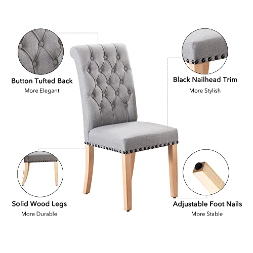FOREDO Classic Collection Linen Dining Chairs Set of 2, Solid Wood Legs Copper Nails Chair, Light Grey