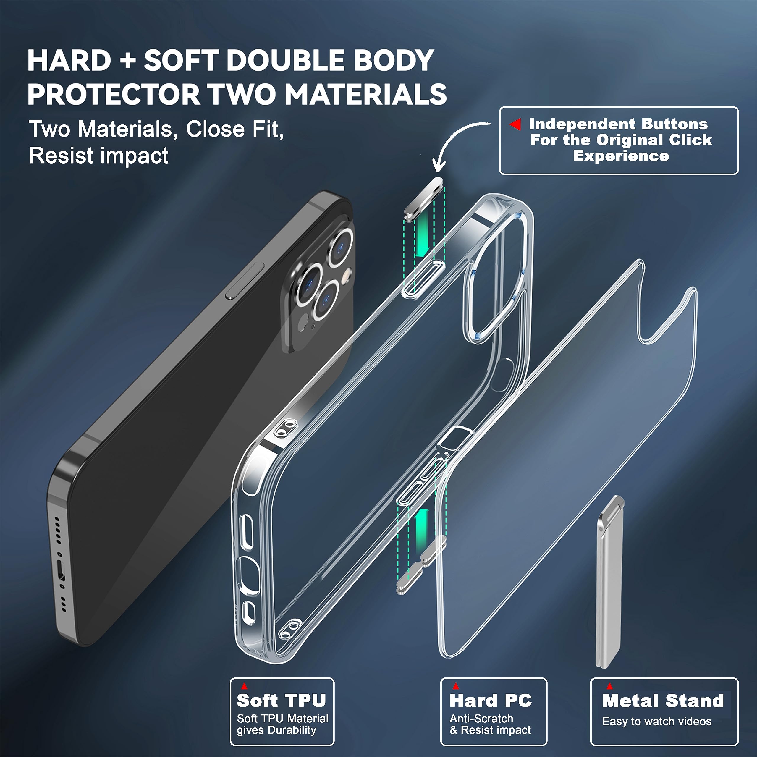CEDO Kickstand Case for iPhone 13 Pro Max, 3-Way Mode Built-in Metal Stand Phone Case, Mil-Grade Shockproof Bumper, Transparent Acrylic & Slim Fit, Designed for iPhone 13 Pro Max, Crystal Clear