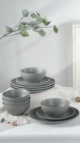 Famiware Moon Dinnerware Sets for 4, 12 Piece Stoneware Plates and Bowls Sets with Speckled Design, Microwave and Dishwasher Safe, Dark Gray