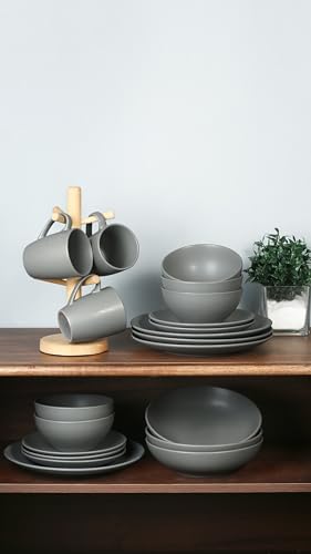 Famiware Moon Dinnerware Sets for 4, 12 Piece Stoneware Plates and Bowls Sets with Speckled Design, Microwave and Dishwasher Safe, Dark Gray