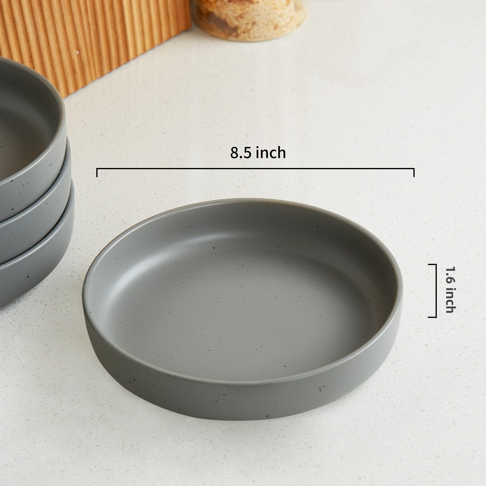 famiware 8.5" Pasta Bowls Set of 4, Dawn Speckled Bowl for Kitchen, Stoneware Dinner Bowl Set for Christmas, Thanksgiving, Microwave Dishwasher Safe, Dark Gray
