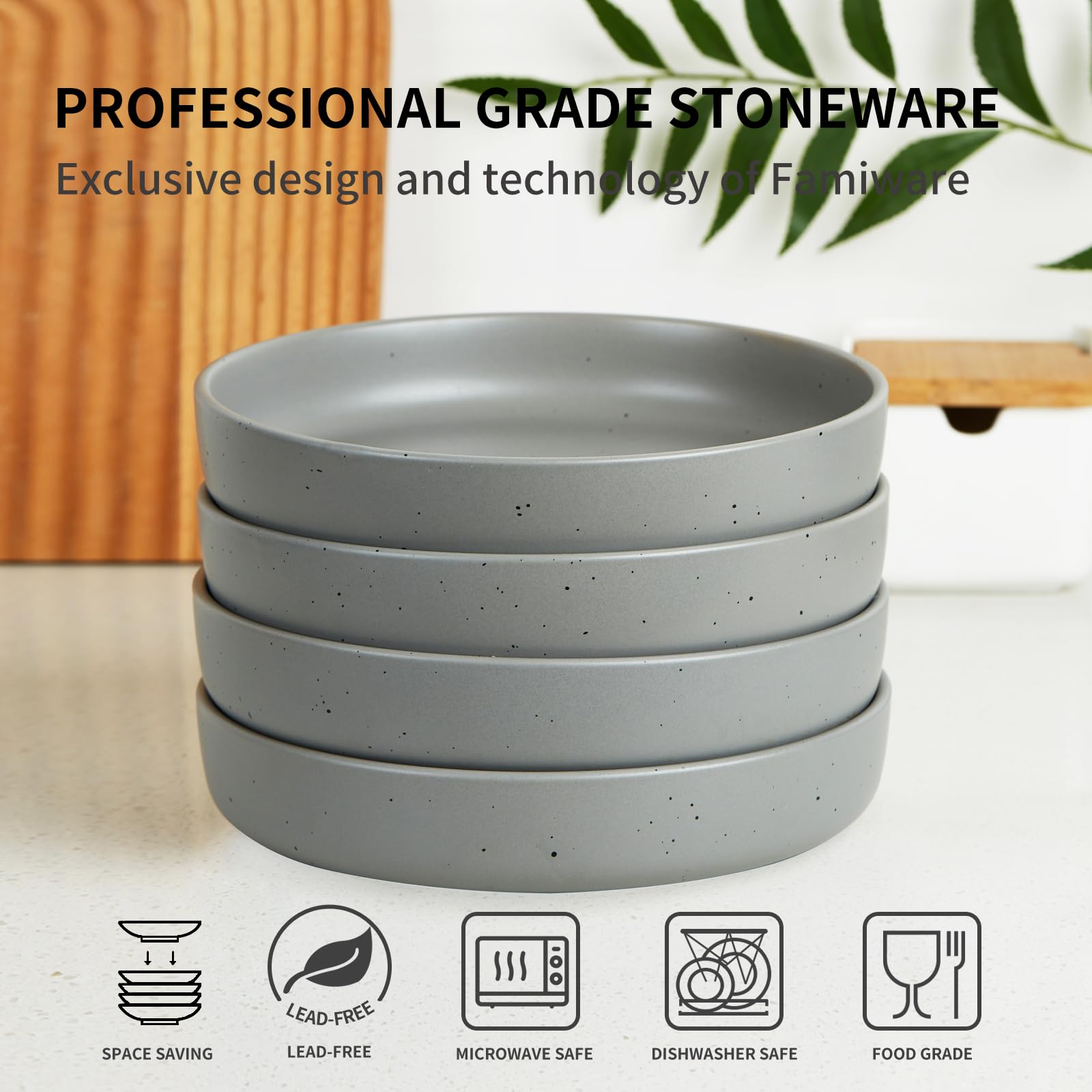 famiware 8.5" Pasta Bowls Set of 4, Dawn Speckled Bowl for Kitchen, Stoneware Dinner Bowl Set for Christmas, Thanksgiving, Microwave Dishwasher Safe, Dark Gray