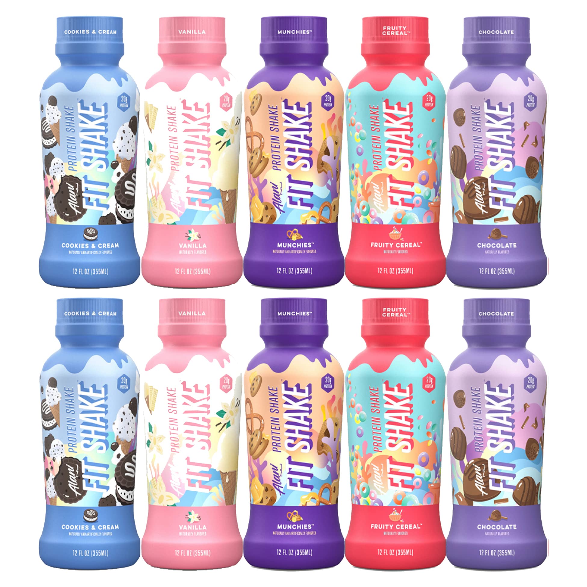 BeeQ Alani Shake Variety Pack - (Pack of 10) - 5 Different Flavors :Munchies, Fruity Cereal, strawberry shortcake, chocolate, Vanilla 12 fl. oz.