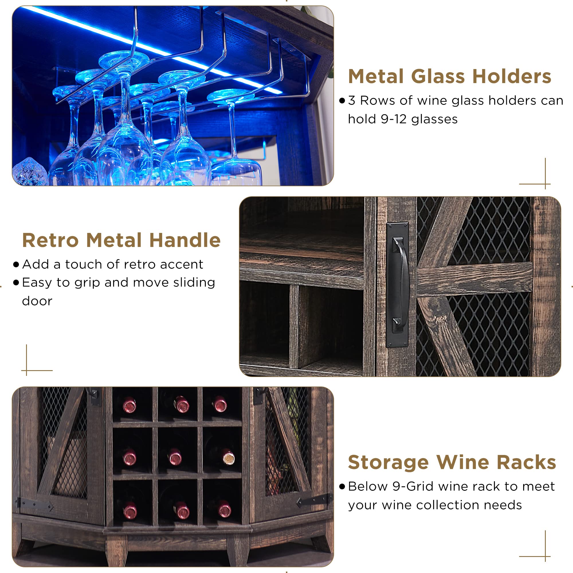 OKD Corner Bar Storage Cabinet, 72" Tall Farmhouse Wine Bar Cabinet w/Barn Door & Adjustable Shelf, Home Bar Cabinet w/LED Light & Glass Rack for Dining Room, Living Room, Kitchen, Dark Rustic Oak