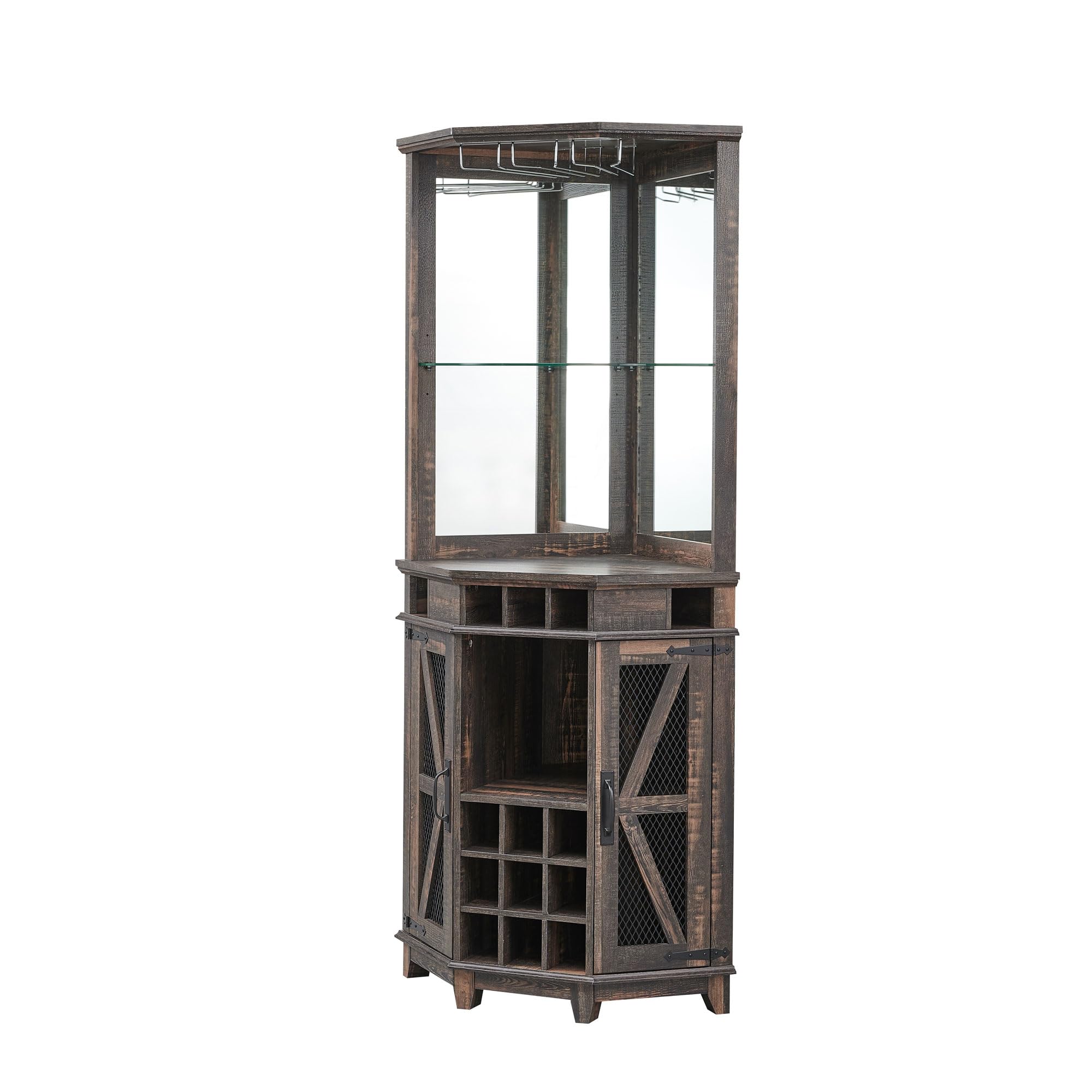 OKD Corner Bar Storage Cabinet, 72" Tall Farmhouse Wine Bar Cabinet w/Barn Door & Adjustable Shelf, Home Bar Cabinet w/LED Light & Glass Rack for Dining Room, Living Room, Kitchen, Dark Rustic Oak