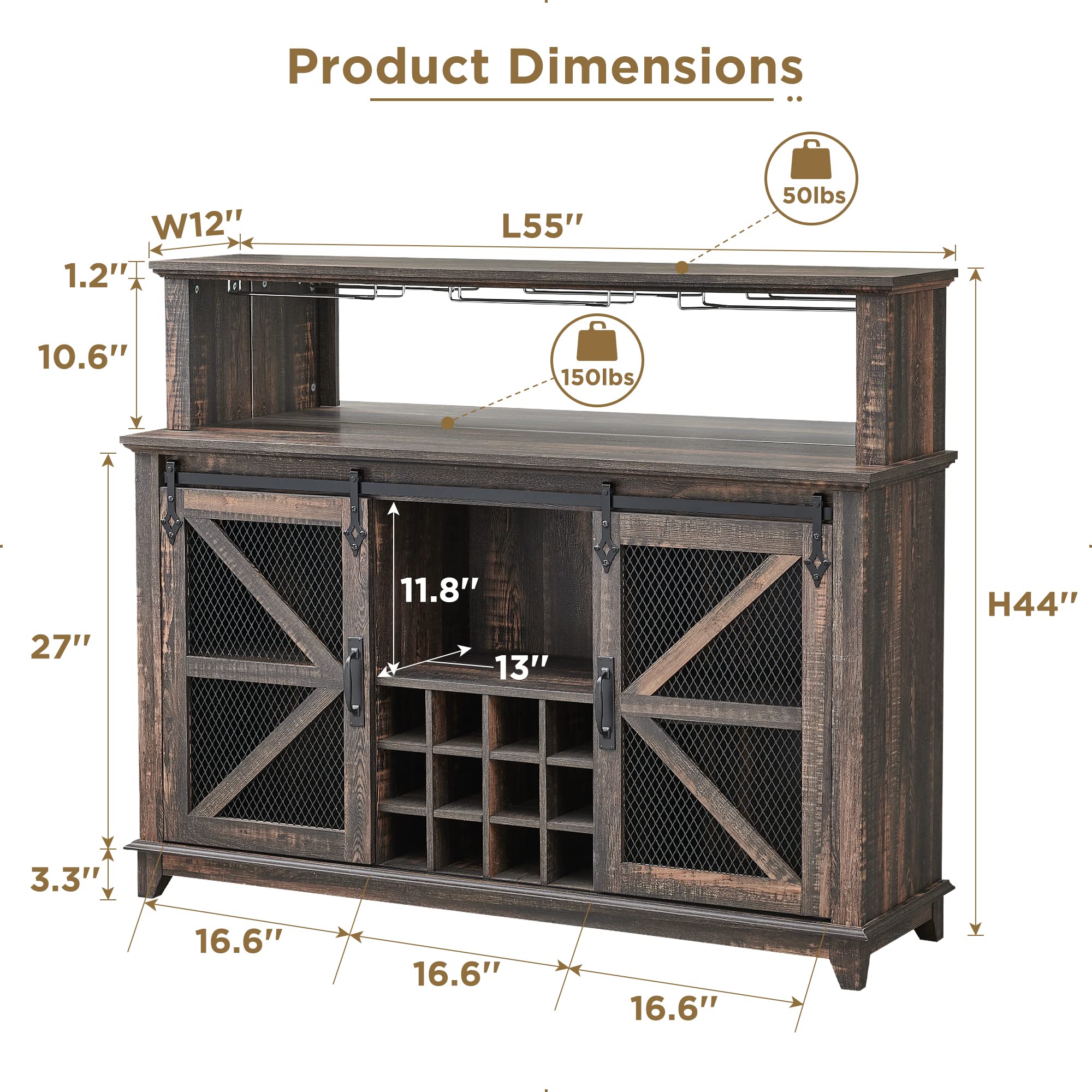 OKD Farmhouse Coffee Bar Cabinet with LED Lights, 55" Wine Bar Cabinet w/Sliding Barn Door & Wine and Glass Rack, Kitchen Buffet Cabinet w/Storage Shelves for Dining Room,Dark Rustic Oak