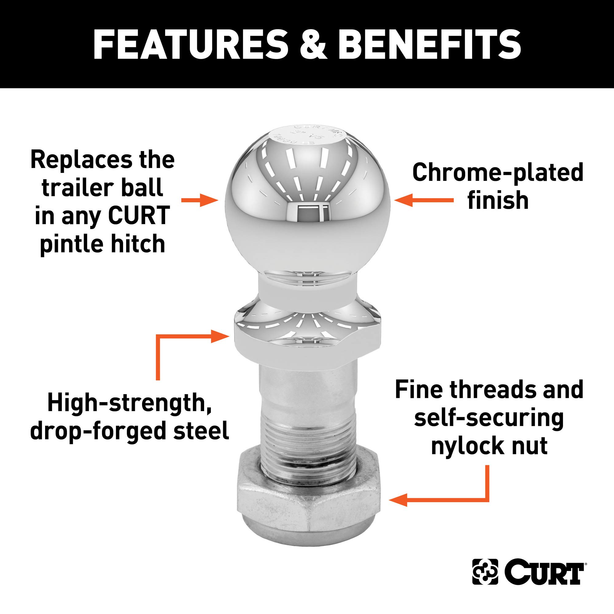 CURT 48820 Replacement 2-Inch Pintle Hitch Ball, 10,000 lbs, 1-1/4-Inch Shank Diameter