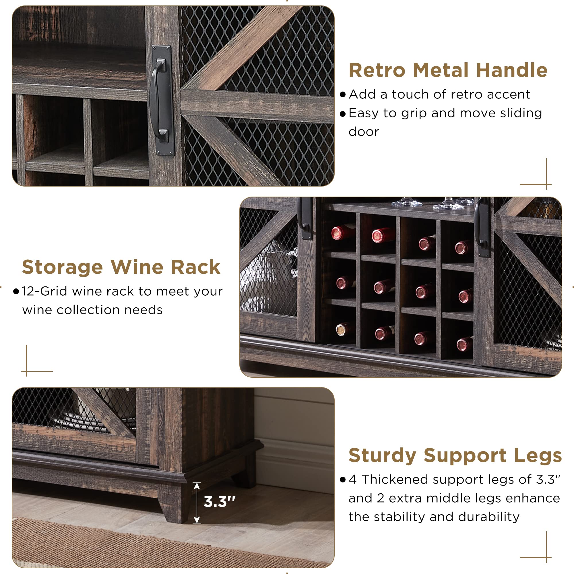 OKD Farmhouse Coffee Bar Cabinet with LED Lights, 55" Wine Bar Cabinet w/Sliding Barn Door & Wine and Glass Rack, Kitchen Buffet Cabinet w/Storage Shelves for Dining Room,Dark Rustic Oak
