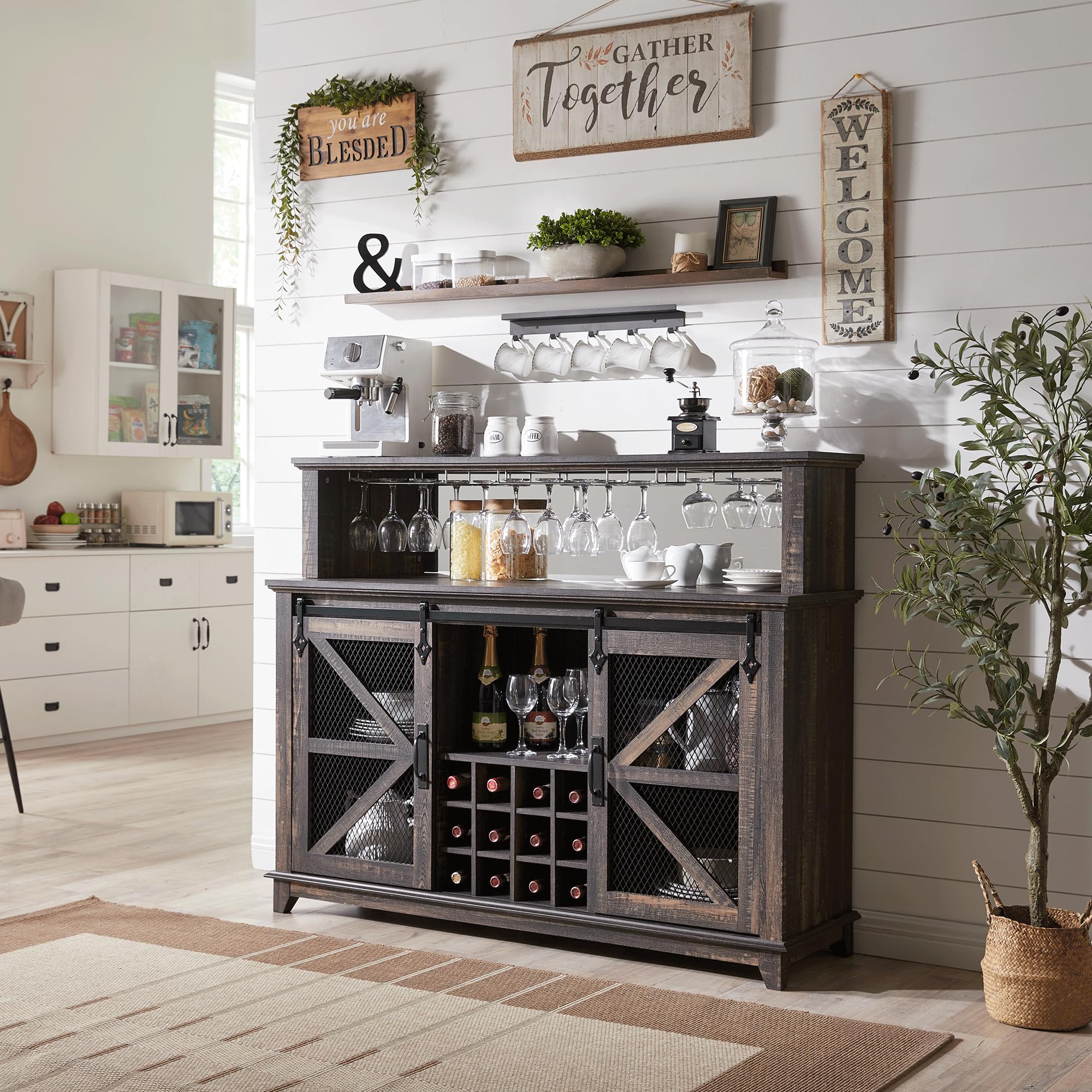 OKD Farmhouse Coffee Bar Cabinet with LED Lights, 55" Wine Bar Cabinet w/Sliding Barn Door & Wine and Glass Rack, Kitchen Buffet Cabinet w/Storage Shelves for Dining Room,Dark Rustic Oak