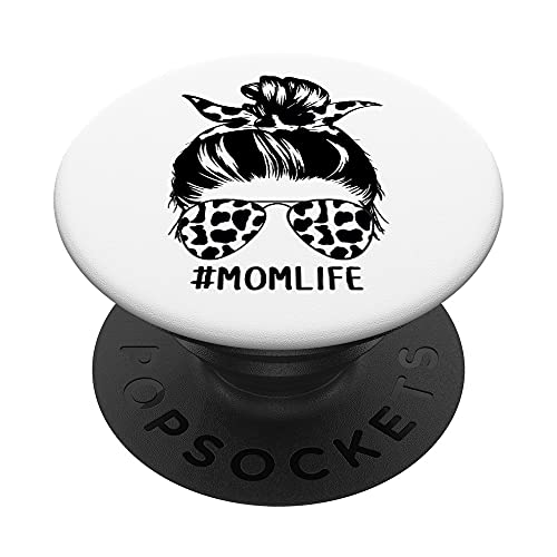 Cow Print Messy Bun Mom Life Mama Cow Black White Animal PopSockets Swappable PopGrip