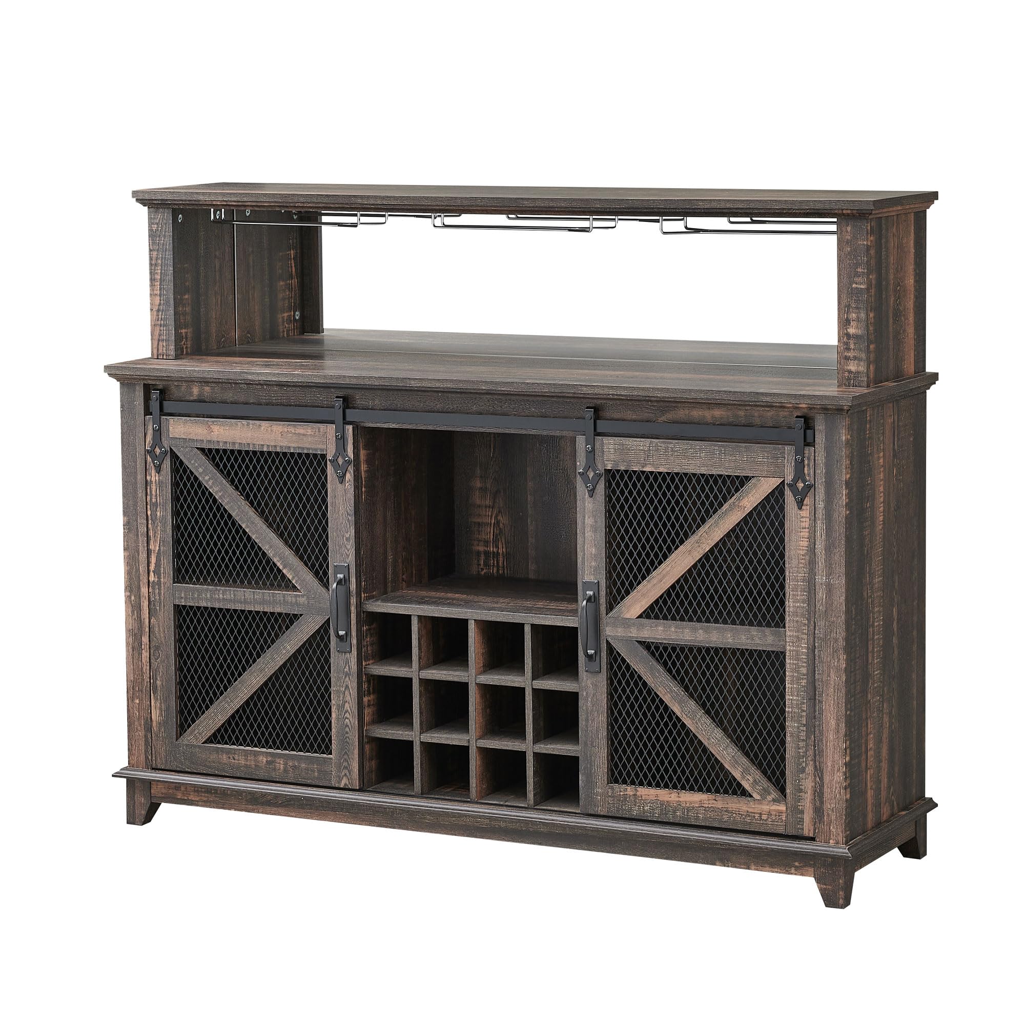 OKD Farmhouse Coffee Bar Cabinet with LED Lights, 55" Wine Bar Cabinet w/Sliding Barn Door & Wine and Glass Rack, Kitchen Buffet Cabinet w/Storage Shelves for Dining Room,Dark Rustic Oak