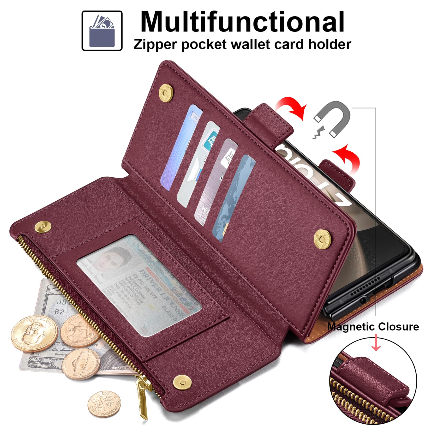 Antsturdy for Samsung Galaxy Z Fold 5 case Wallet Women with 【S Pen Holder】,Galaxy Z Fold5 Phone case with Card Holder Strap PU Leather RFID Blocking Flip Folio Cover Credit Card Slots Men,Wine Red