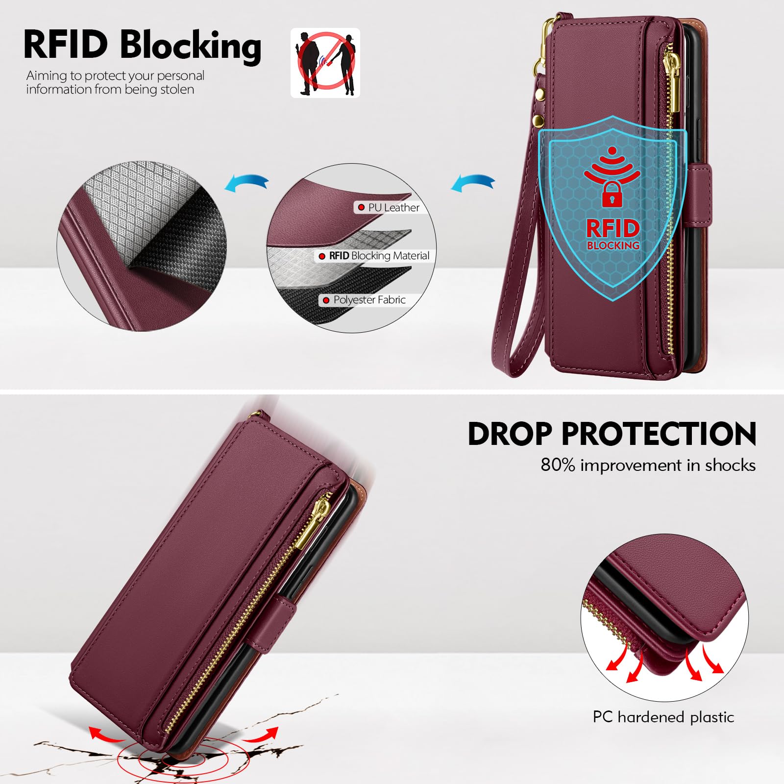Antsturdy for Samsung Galaxy Z Fold 5 case Wallet Women with 【S Pen Holder】,Galaxy Z Fold5 Phone case with Card Holder Strap PU Leather RFID Blocking Flip Folio Cover Credit Card Slots Men,Wine Red