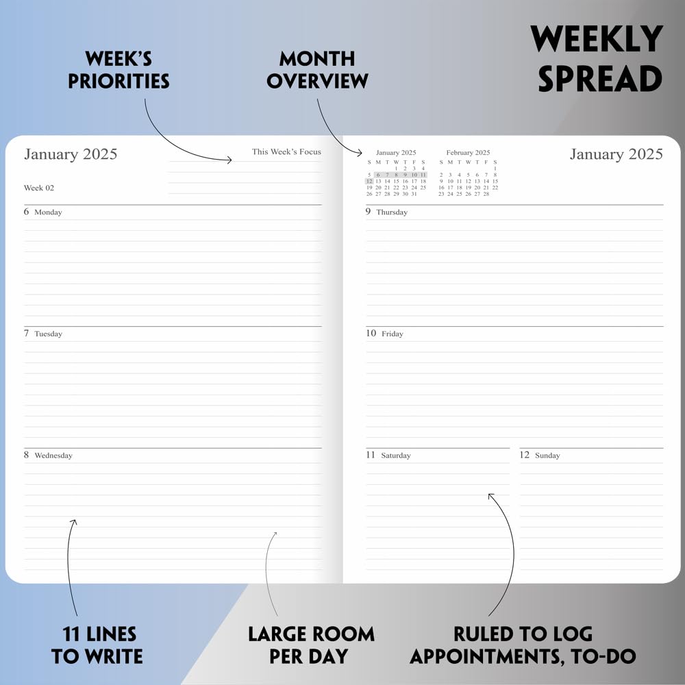 2025 Planner 8.5βx11β, Weekly and Monthly Planner from Jan 2025 to Dec 2025, Vegan Leather Cover, Elastic Closure, Grey