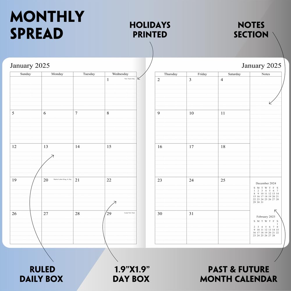 2025 Planner 8.5βx11β, Weekly and Monthly Planner from Jan 2025 to Dec 2025, Vegan Leather Cover, Elastic Closure, Grey