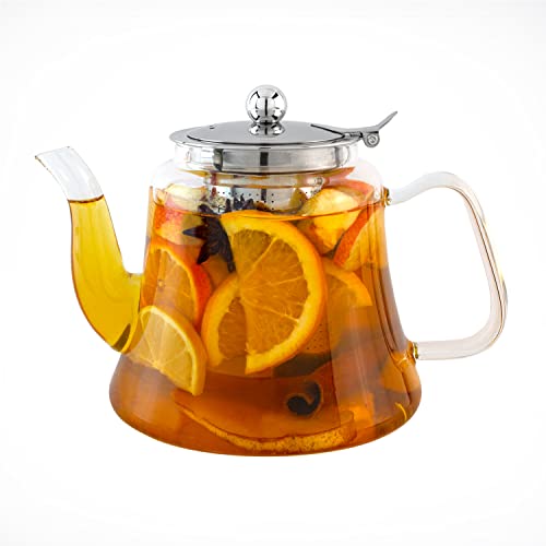Aserson 1200 ml/40 oz Glass Teapot, Heat Resistant, Stainless Steel Infuser, Handmade, Leaf Tea Brewer, Borosilicate Glass, Stovetop Teapot and Microwave Safe