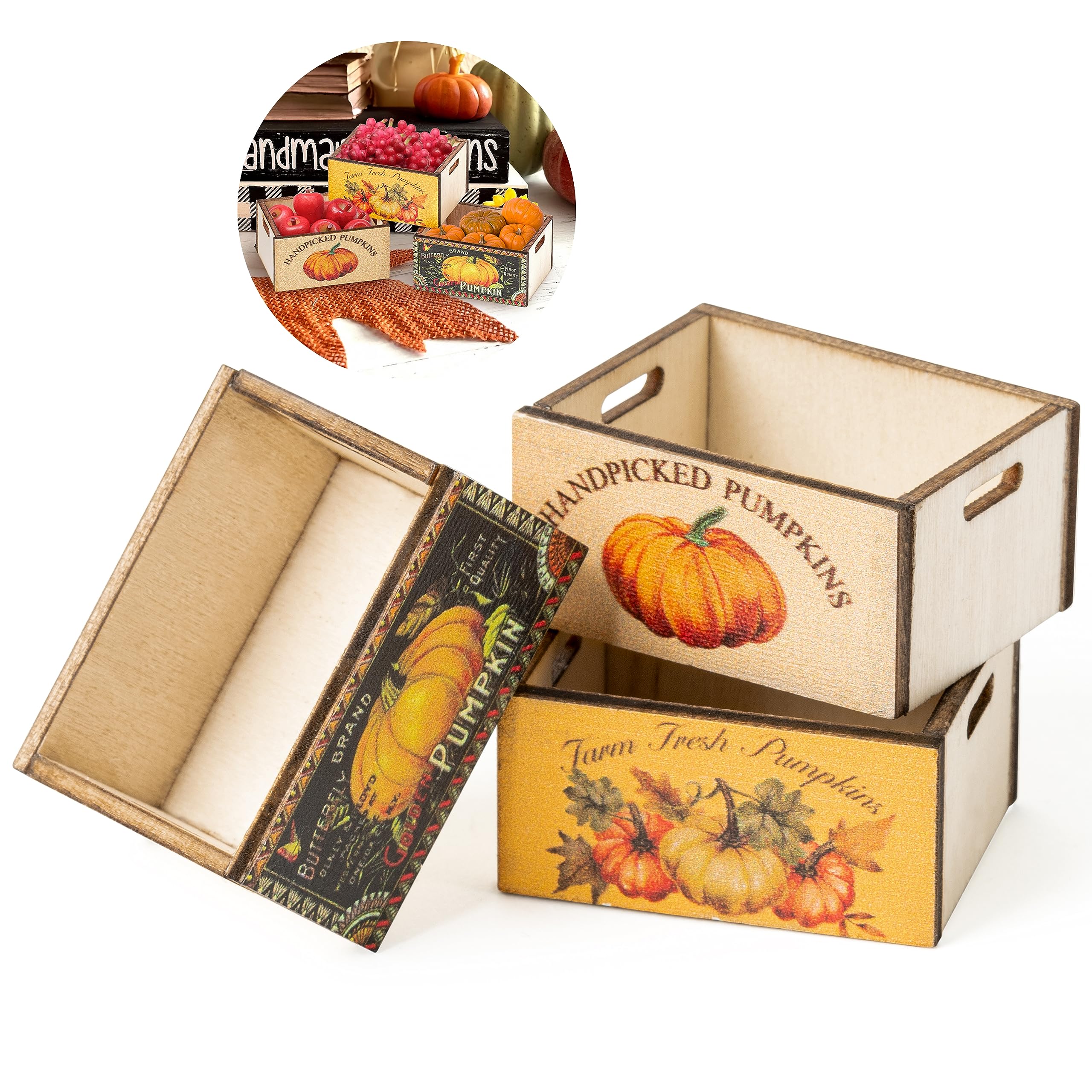 W1cwey 3pcs Vintage Autumn Miniature Wooden Crates, Halloween Pumpkin Dolls House Mini Decoration Retro Rustic Miniature Pumpkin Boxes for Fall Thanksgiving Harvest Home Decor