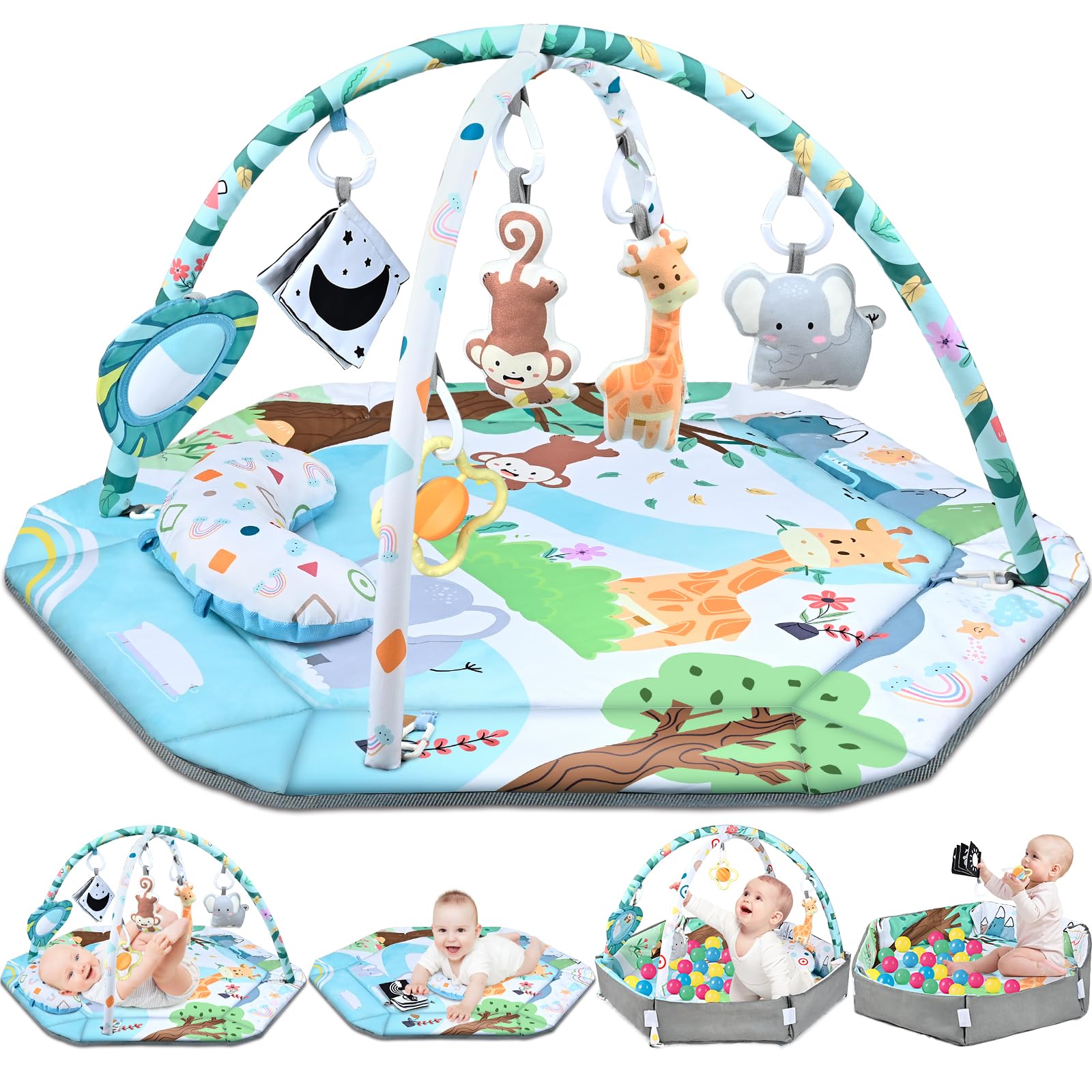 Baby Gym Play Mat, 8-in-1 Tummy Time Mat & Ball Pit with 6 Toys, Washable Baby Activity Play Mat for Visual, Hearing, Sensory, Motor Development, Baby Toys Gift for Toddler Infant 0-3-6-9-12 Months