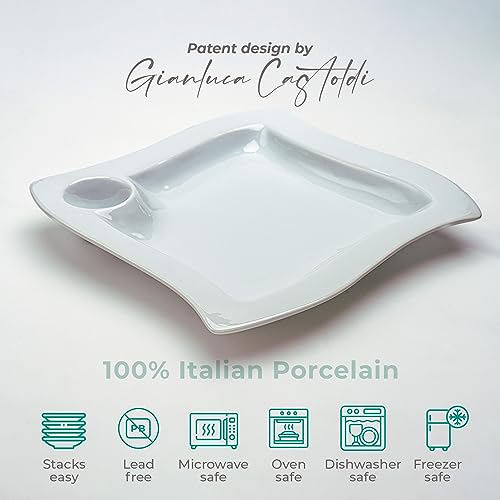 Il Bel Piatto 12-inch Premium Elegant Italian Porcelain Plates with Sauce Compartment - Premium Dining Plates Made in Italy (White, 4 Pieces)