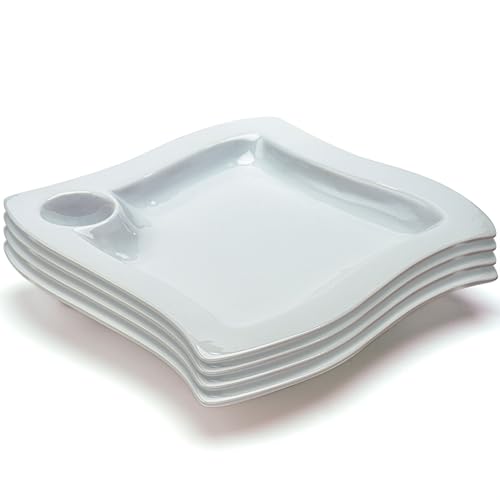 Il Bel Piatto 12-inch Premium Elegant Italian Porcelain Plates with Sauce Compartment - Premium Dining Plates Made in Italy (White, 4 Pieces)