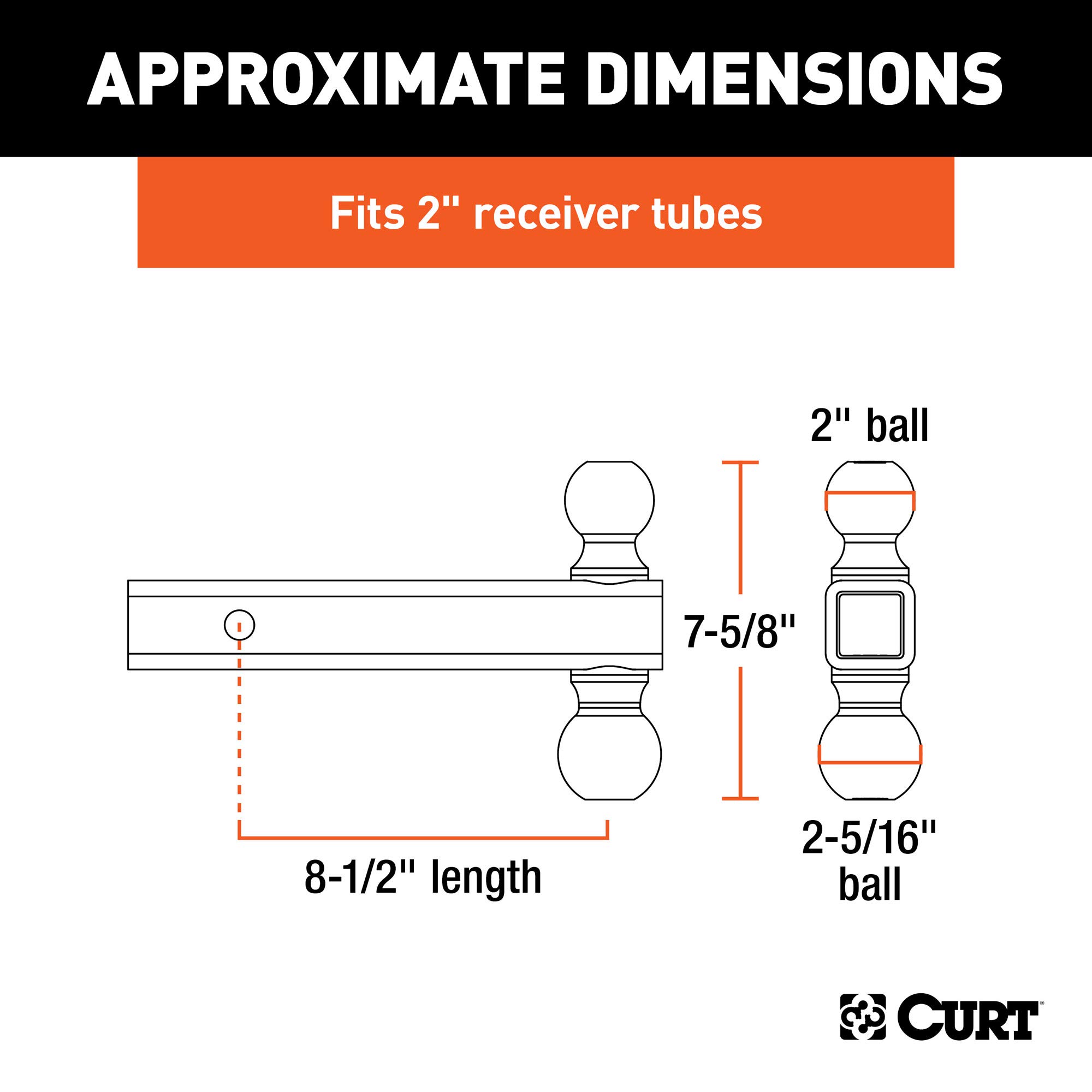CURT 45665 Multi-Ball Trailer Hitch Ball Mount, 2, 2-5/16-Inch Balls, Fits 2-Inch Receiver, 10,000 lbs