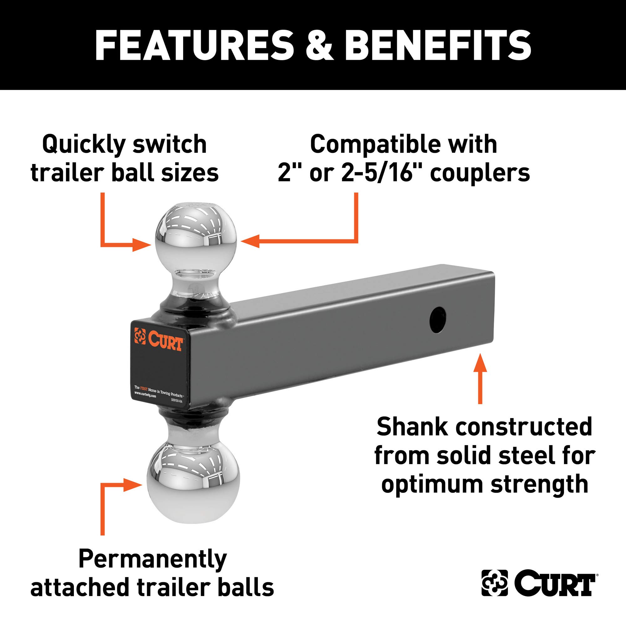 CURT 45665 Multi-Ball Trailer Hitch Ball Mount, 2, 2-5/16-Inch Balls, Fits 2-Inch Receiver, 10,000 lbs
