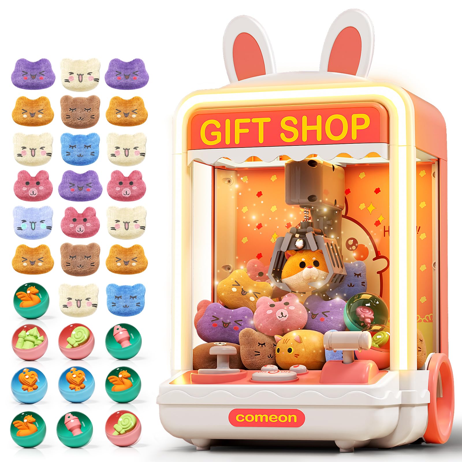 Aiqi Kids Claw Machine, Mini Candy Vending Grabber, Prize Dispenser Toys for Girls and Boys, Electronic Claw Game Machine for Party Birthdays with Lights Sound, Includes 20 Plush and 10 Mini Toys