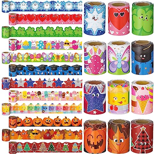 PerKoop 12 Rolls 393.7 ft Christmas Bulletin Board Border Decorative Winter Border Trim Seasonal Holiday Monthly Classroom Blackboard for Spring Summer Fall Winter Halloween School Door Windows