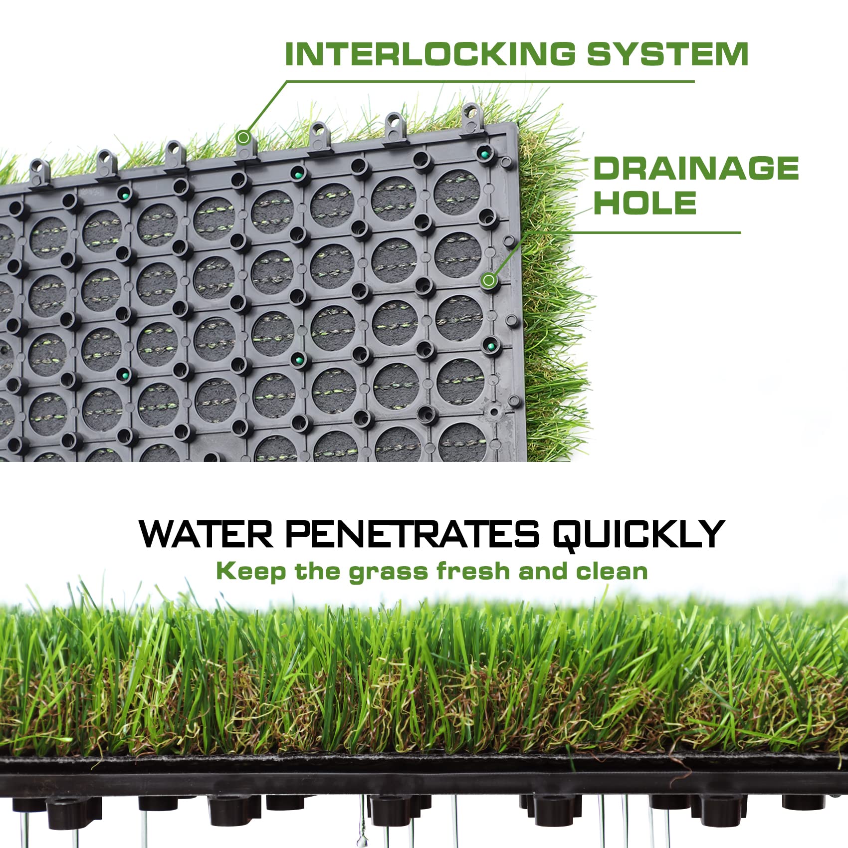 XLX TURF Interlocking 12" x 12" Artificial Grass Turf Tiles 9 Pack, Fake Grass Carpet for Patio, Balcony, Deck, Flooring, Backyard, Indoor Outdoor Lawn Decor, Dogs Area Grass Mat