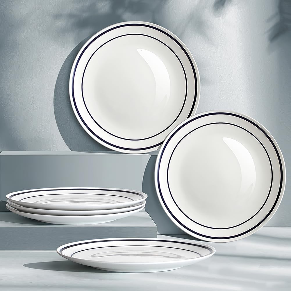 YFWOOD Ceramic Dinner Plates Set Of 6, 10.5 Inch Kitchen Dish Set, Contemporary Round Porcelain Tablewar,Microwave,Dishwasher and Oven Safe, Scratch Resistant Deep Plates - White & Blue Double Line