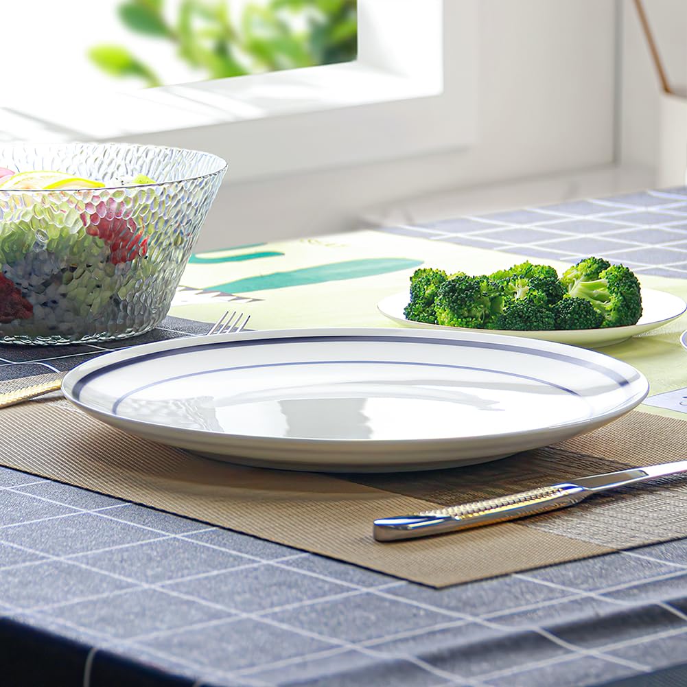 YFWOOD Ceramic Dinner Plates Set Of 6, 10.5 Inch Kitchen Dish Set, Contemporary Round Porcelain Tablewar,Microwave,Dishwasher and Oven Safe, Scratch Resistant Deep Plates - White & Blue Double Line