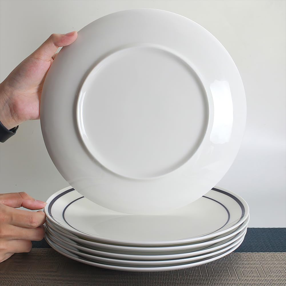 YFWOOD Ceramic Dinner Plates Set Of 6, 10.5 Inch Kitchen Dish Set, Contemporary Round Porcelain Tablewar,Microwave,Dishwasher and Oven Safe, Scratch Resistant Deep Plates - White & Blue Double Line