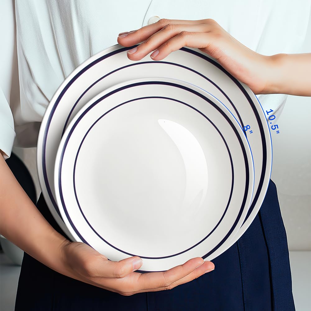 YFWOOD Ceramic Dinner Plates Set Of 6, 10.5 Inch Kitchen Dish Set, Contemporary Round Porcelain Tablewar,Microwave,Dishwasher and Oven Safe, Scratch Resistant Deep Plates - White & Blue Double Line