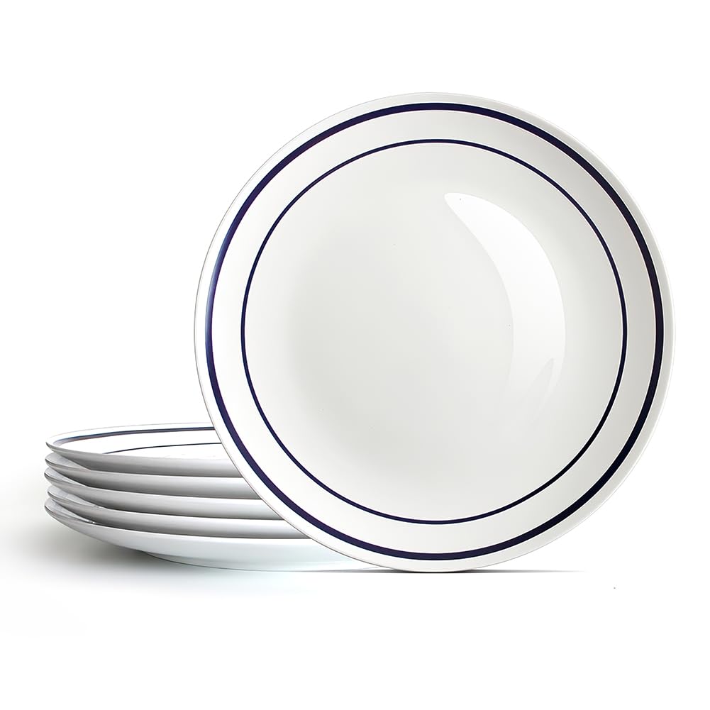 YFWOOD Ceramic Dinner Plates Set Of 6, 10.5 Inch Kitchen Dish Set, Contemporary Round Porcelain Tablewar,Microwave,Dishwasher and Oven Safe, Scratch Resistant Deep Plates - White & Blue Double Line