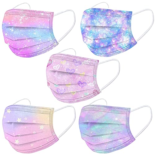50PCS Kids Disposable Face_Mask Starry Sky Galaxy Theme Colorful Printed Design with Elastic Earloop, Back to School Supplies, 3Ply Face Mouth Filter Tools Christmas Gift New Year Gift