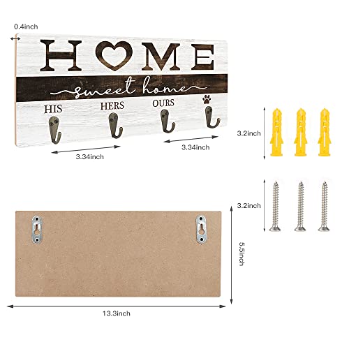 CHDITB Rustic Home Sweet Home Wooden Key Holder(13.4βx5.5β), His Hers Ours Wall-Mounted Key Rack with 4 Hooks, Decorative Wood Sign Key Hanger Home Decor for Wall Entryway Hallway Housewarming Gift