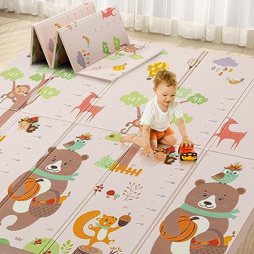 GZZ Foldable Baby Play Mat,Reversible, Waterproof, Anti-Slip Floor Playing Mats for Infants, Babies, Toddlers Indoor/Outdoor (Cute Bear Tall Foot+Animal Music Festival, 79"*71"*0.4")