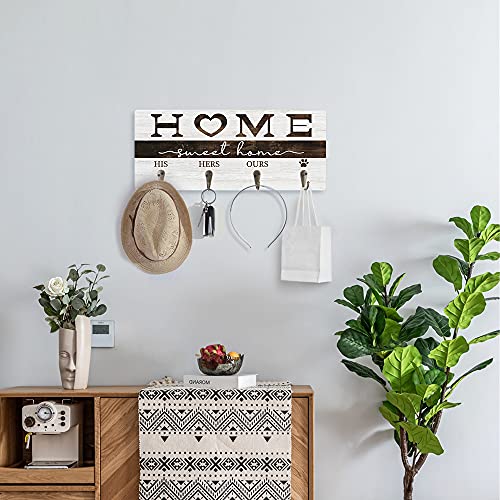 CHDITB Rustic Home Sweet Home Wooden Key Holder(13.4βx5.5β), His Hers Ours Wall-Mounted Key Rack with 4 Hooks, Decorative Wood Sign Key Hanger Home Decor for Wall Entryway Hallway Housewarming Gift