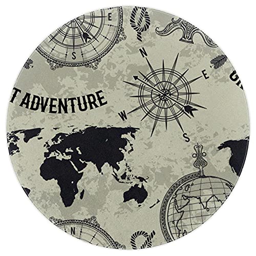 Round Area Rug Vintage Globe, Compass, World Map and Wind Rose Rug Non-Slip Backing for Living Room Bedroom Study Children Playroom Modern Art Home Decor 5.2'